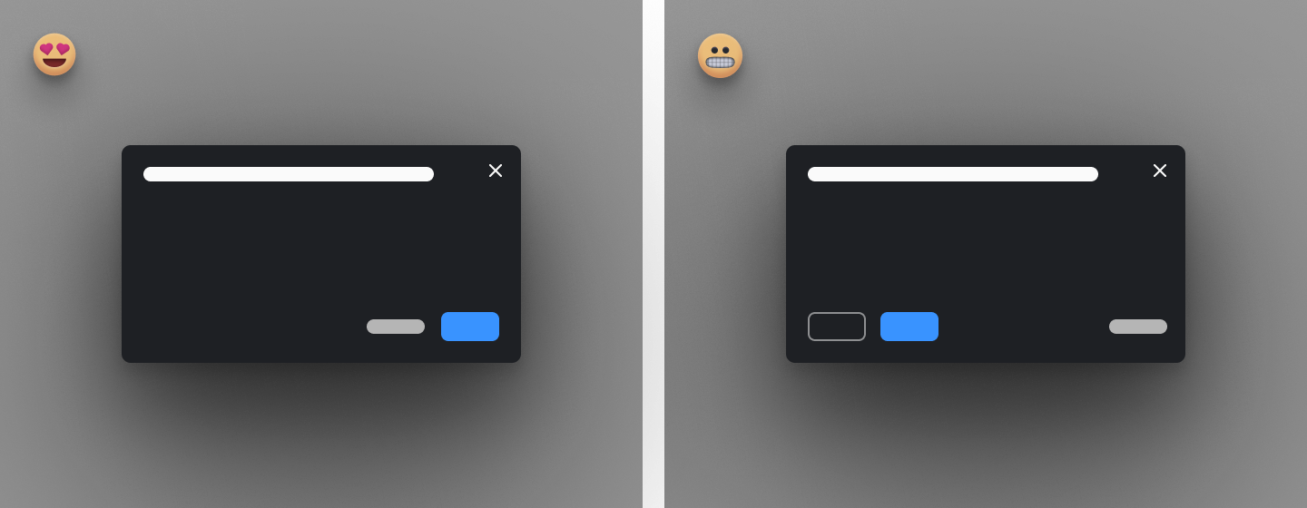Examples illustrating the placement of a primary action in modals. The ...