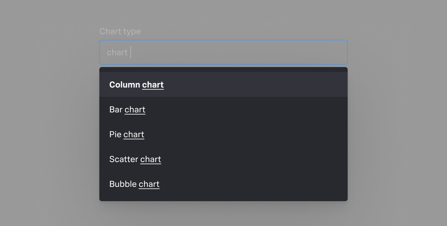 Image showing a Multiselect component in a focus state with the word chart typed in the input ...